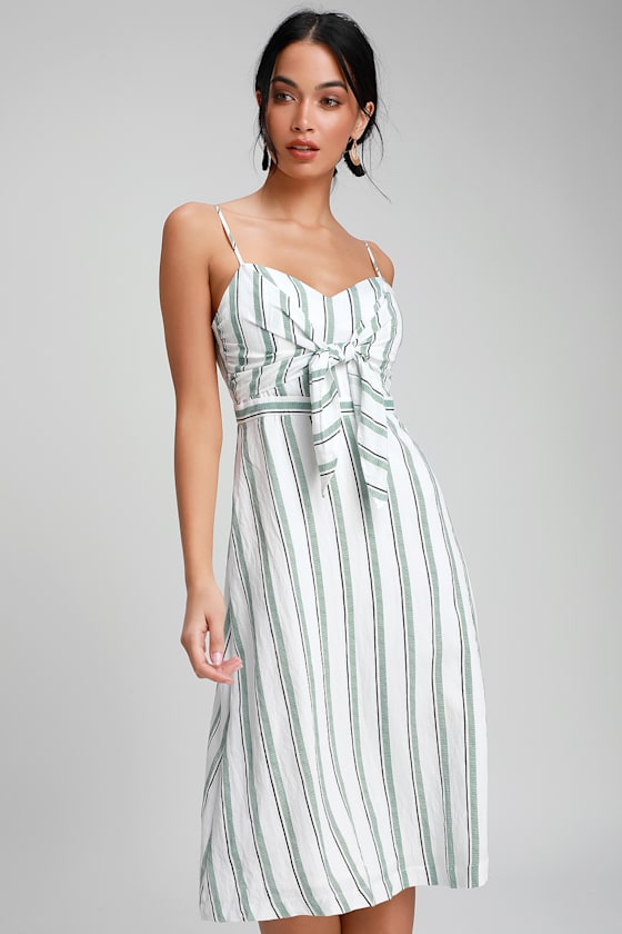 LUSH - Green and White Striped Midi Dress - Tie-Front Midi Dress - Lulus