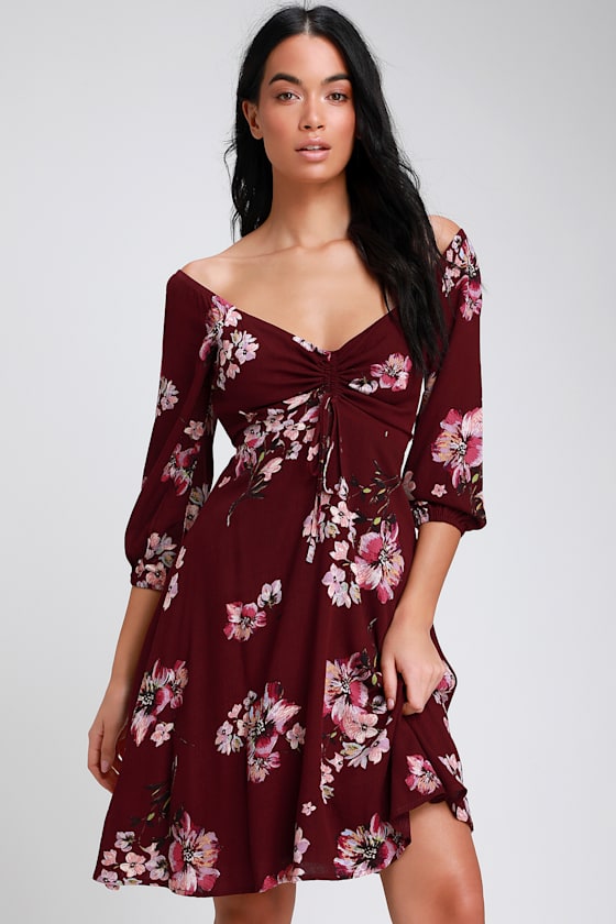 Burgundy Floral Print Dress - Off-the-Shoulder Dress - Dress - Lulus