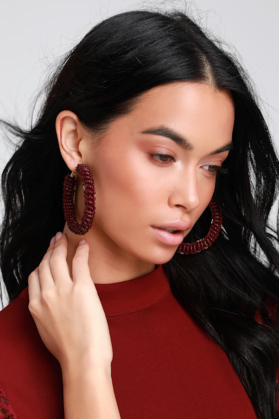 Cool Burgundy Hoop Earrings - Beaded Hoop Earrings - Beaded Hoops - Lulus