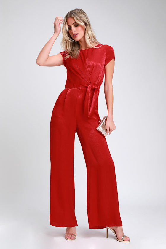Chic Red Jumpsuit - Tie-Front Jumpsuit - Satin Jumpsuit - Lulus