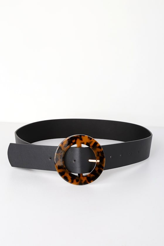 Chic Black Belt - Tortoise Buckle Belt - Vegan Leather Belt