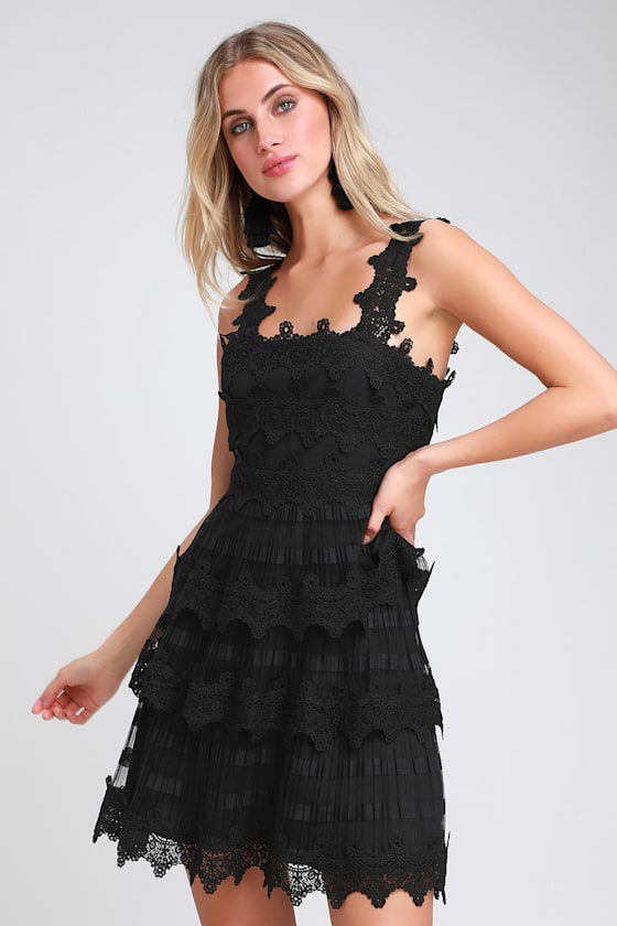 Lovely Black Lace Dress - Flounce Dress - Tiered Mini Dress - Lulus