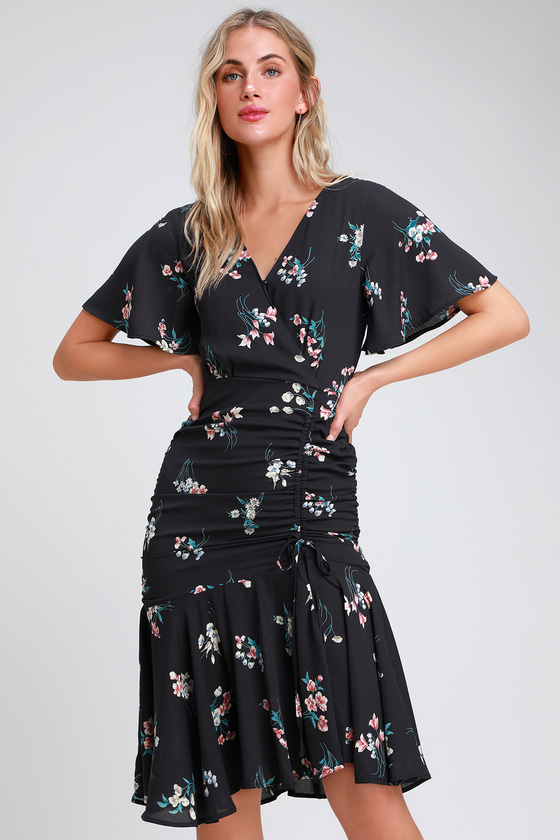 Lovely Navy Blue Floral Print Dress Ruched Dress Midi Dress Lulus
