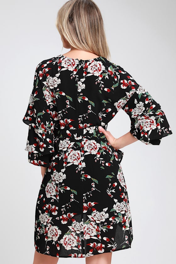 Cute Black Floral Dress Flounce Sleeve Dress Ruffled Dress Lulus