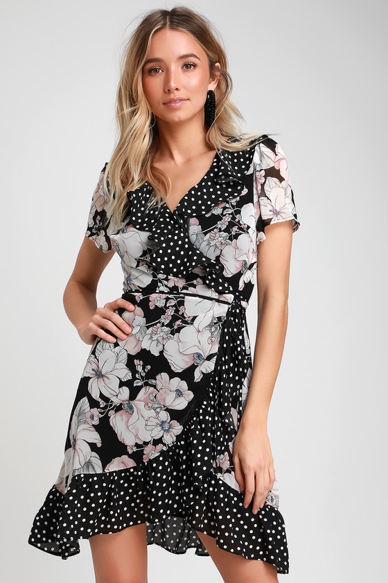 Cute Black Print Dress Wrap Dress Ruffled Dress Dress Lulus