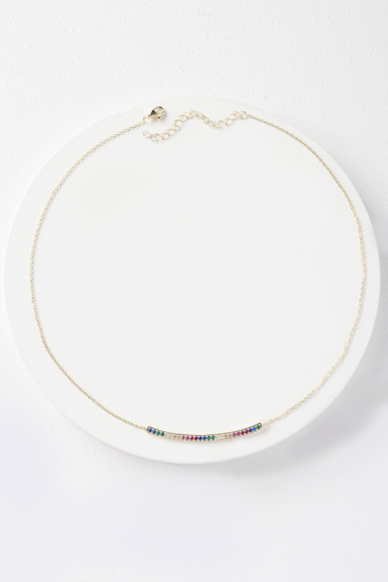 Cute Gold Necklace - Rainbow Necklace - Rhinestone Necklace - Lulus