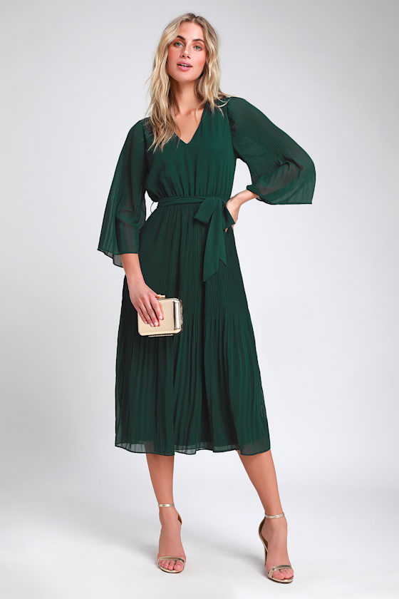 Chic Dark Green Dress - Midi Dress - Pleated Midi Dress - Lulus