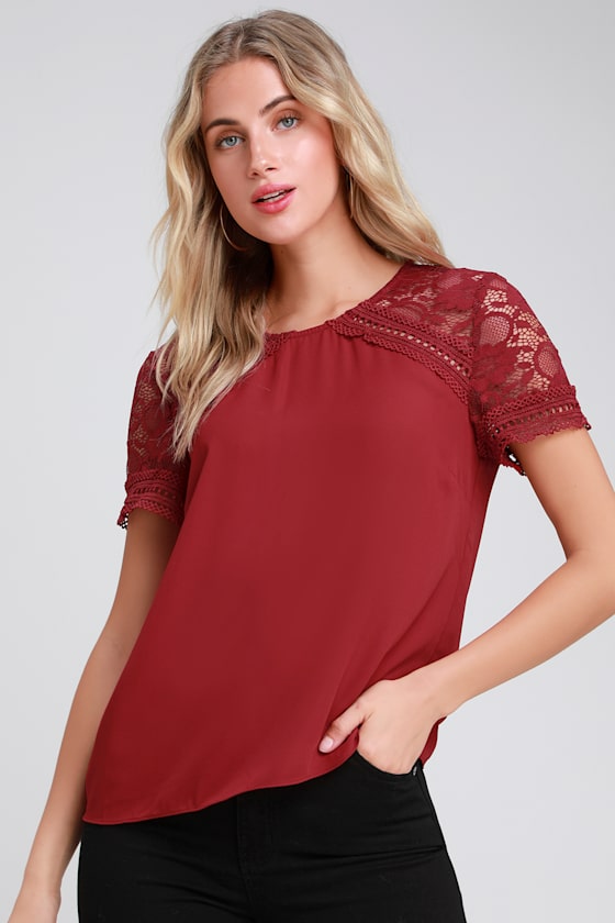 Chic Red Top - Lace Top - Short Sleeve Top - Office Top - Top - Lulus