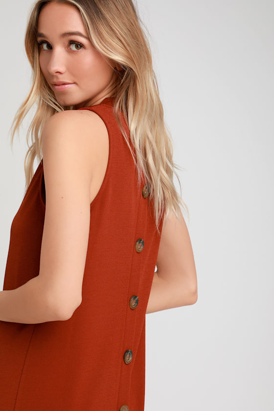 Chic Rust Orange Dress - Midi Dress - Button-Back Dress - Sheath - Lulus