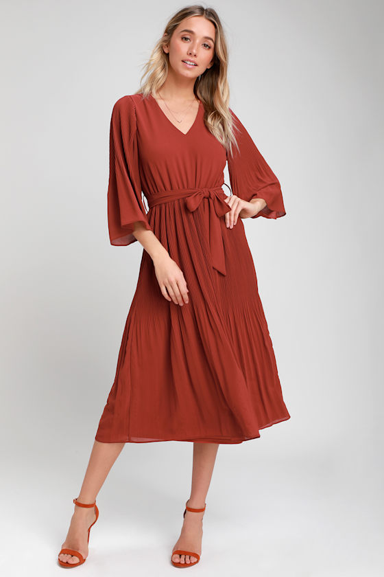 Chic Rust Red Dress - Midi Dress - Pleated Midi Dress - Lulus