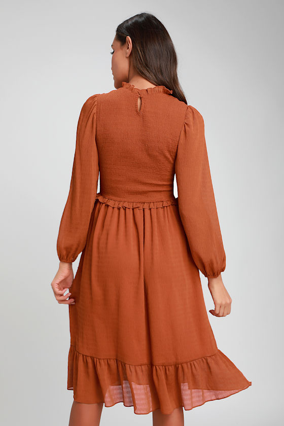 Rust Orange Midi Dress - Long Sleeve Dress - Smocked Dress - Lulus
