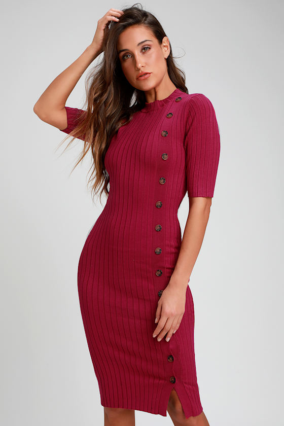 Cozy Berry Pink Dress - Ribbed Dress - Bodycon Midi Dress - Dress - Lulus