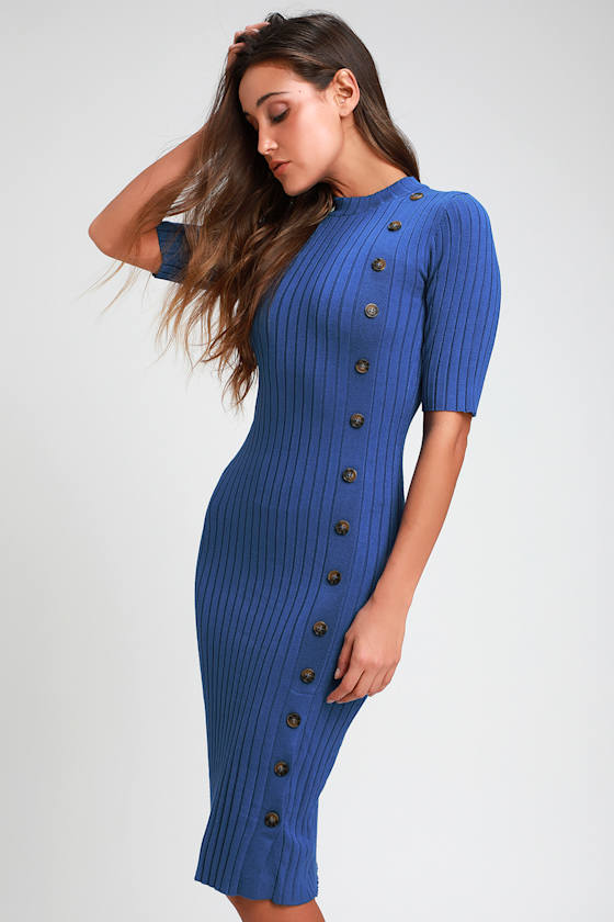 Cozy Blue Dress - Blue Ribbed Dress - Blue Bodycon Midi Dress - Lulus