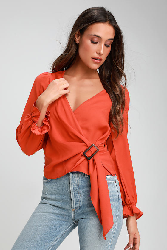 Chic Rust Orange Top - Long Sleeve Top - Wrap Top - Surplice Top - Lulus