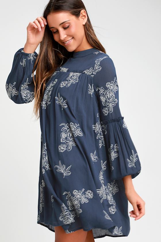 Dark Blue Embroidered Shift Dress - Long Sleeve Shift Dress - Lulus
