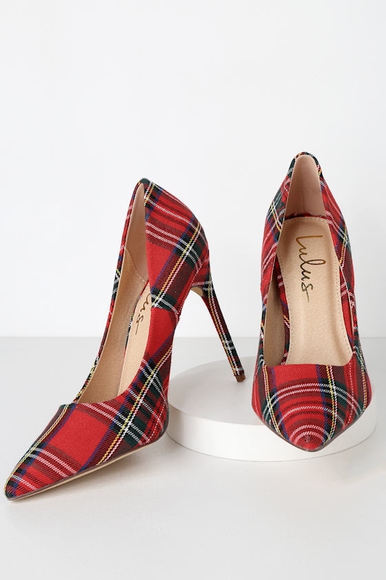 Cute Red Plaid Pumps - Plaid Pumps - Vegan Pumps - High Heels