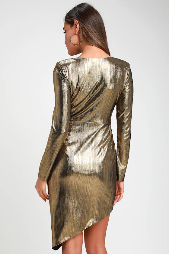 RYSE Violet - Gold Metallic Long Sleeve Asymmetrical Mini Dress - Lulus