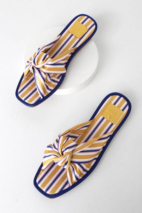 Lulus Yellow Stripe Sandals - Knotted Slide Sandals - Slides