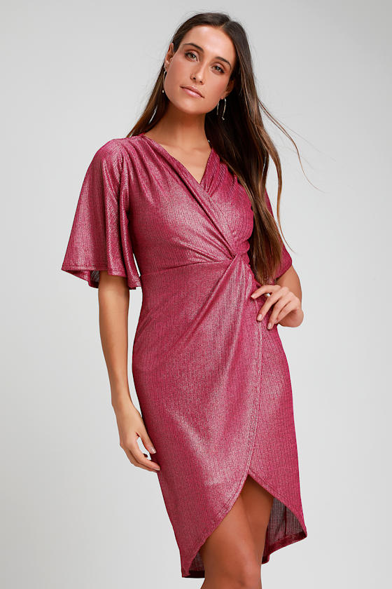 Pretty Berry Red Metallic Dress - Midi Dress - Midi Wrap Dress - Lulus
