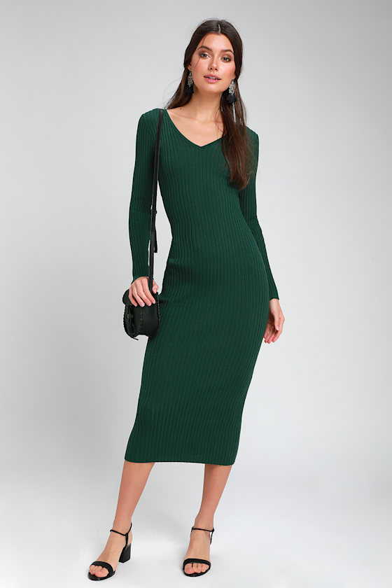 Cute Forest Green Dress - Ribbed Knit Dress - Bodycon Midi Dress - Lulus