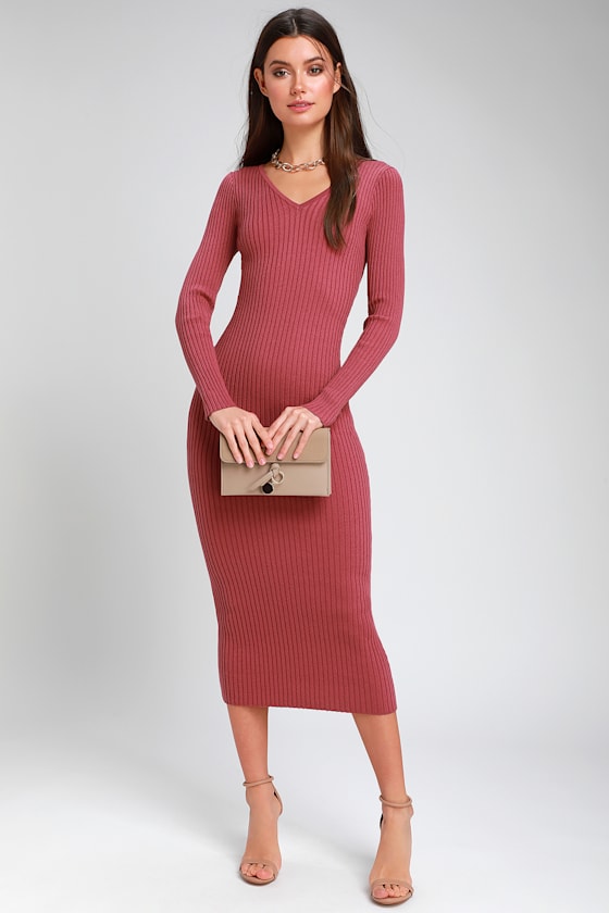 Cute Rusty Rose Dress - Ribbed Knit Dress - Bodycon Midi Dress - Lulus