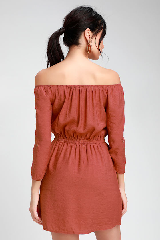 Cute Rusty Rose Dress - Button Front Dress - Off-the-Shoulder - Lulus