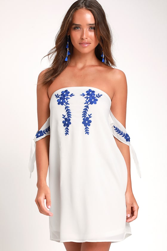 Cute White Dress - Embroidered Dress - Off-the-Shoulder Dress - Lulus