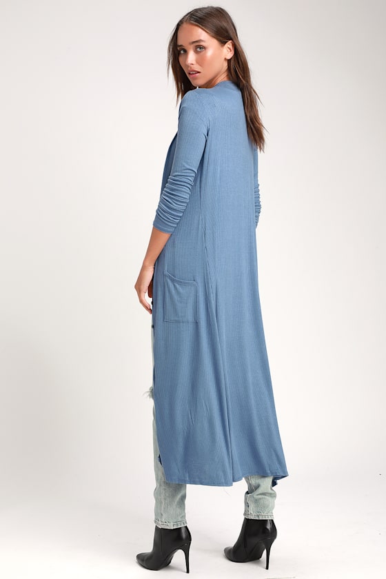 Dusty Blue Cardigan Sweater - Longline Cardigan - Ribbed Duster - Lulus