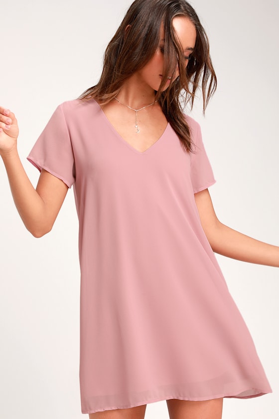 Chic Short Sleeve Mauve Dress - V-Neck Dress - T-Shirt Dress - Lulus