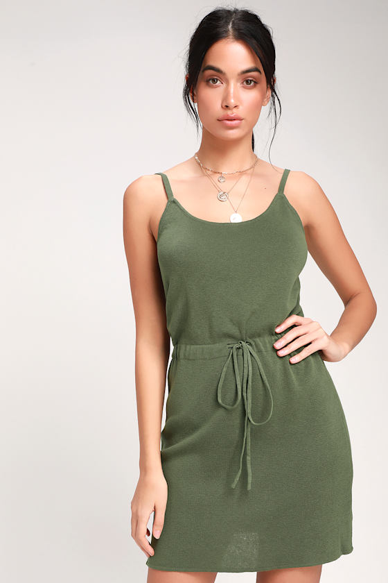 Cute Olive Green Dress - Drawstring Knit Dress - Knit Mini Dress - Lulus
