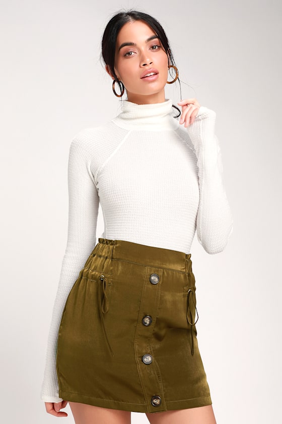 Chic Olive Green Skirt - Satin Mini Skirt - Button-Front Skirt - Lulus