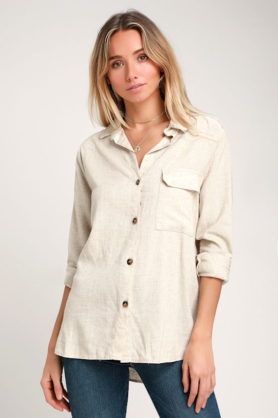 Cute Woven Top - Beige Top - Button-Up Top - Long Sleeve Top - Lulus