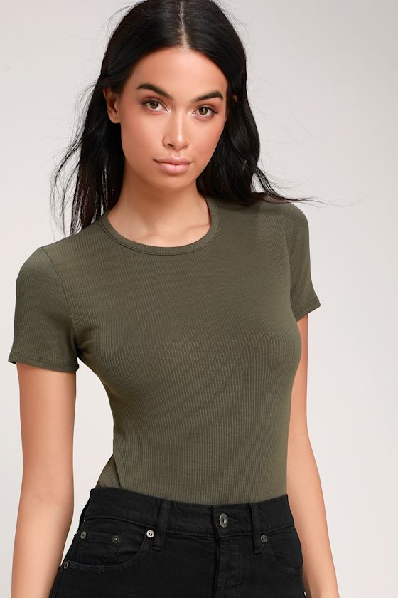 Cute Olive Bodysuit Short Sleeve Bodysuit Ribbed Bodysuit Lulus