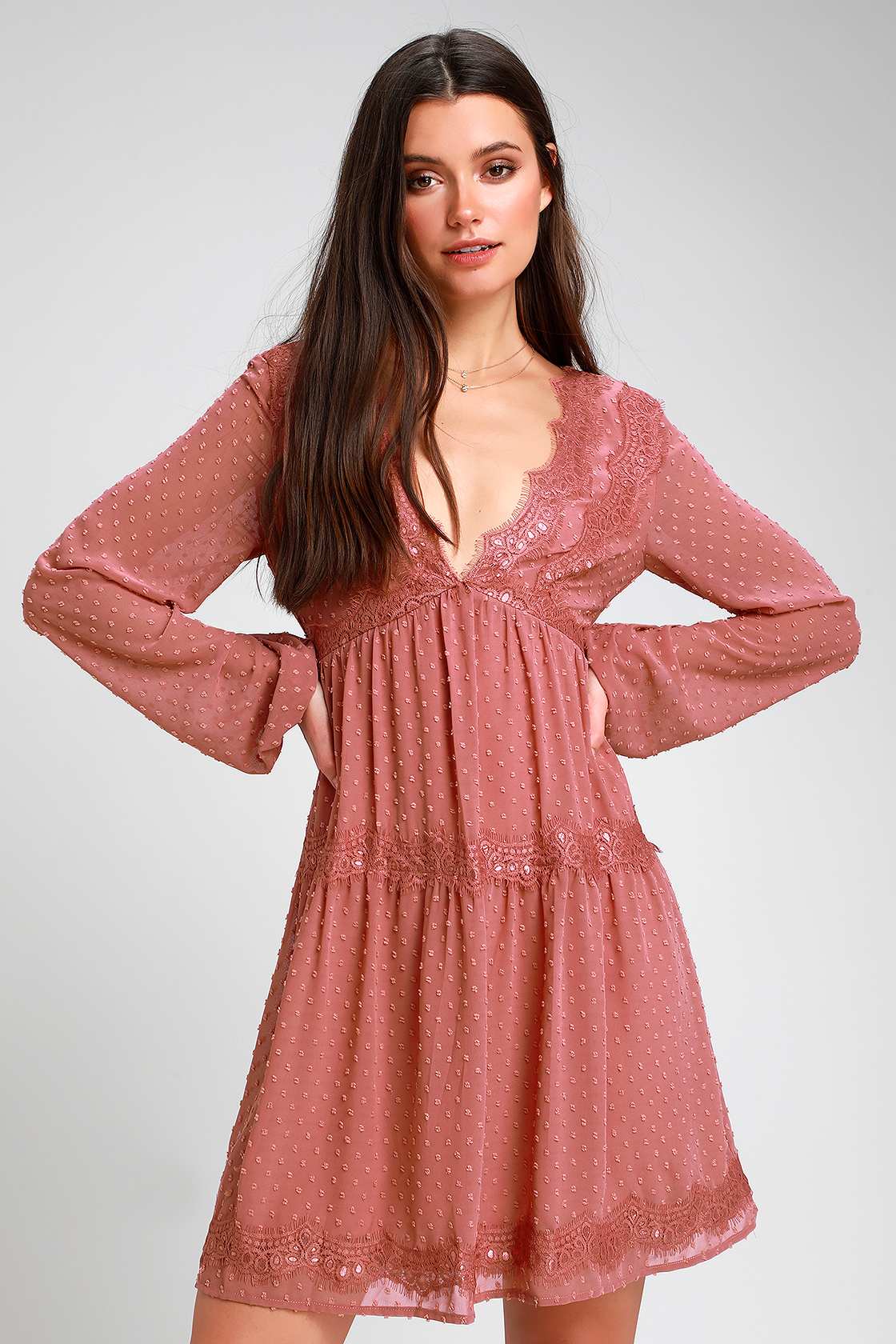 Lovely Rusty Rose Dress - Swiss Dot Dress - Lace Dress - Dress - Lulus