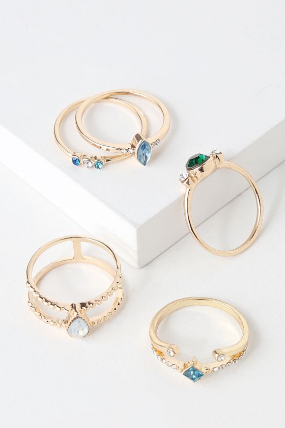 Boho Ring Set - Gold and Blue Rhinestone Ring Set - Rings - Lulus