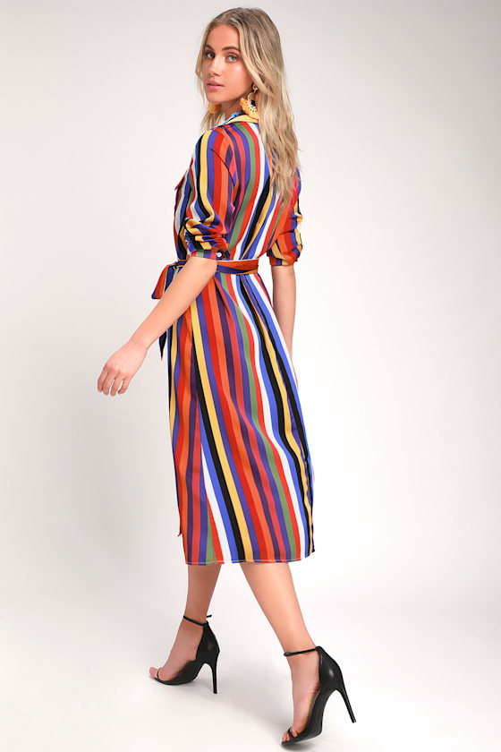 Cute Rainbow Striped Dress - Long Sleeve Dress - Shirt Dress - Lulus