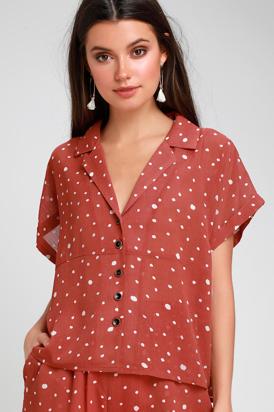 Cute Polka Dot Top - Rust Red Top - Short Sleeve Top - Lulus
