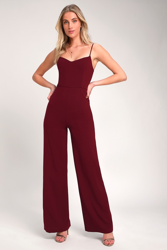 Burgundy Jumpsuit Wide Leg Jumpsuit Stretch Knit Jumpsuit Lulus