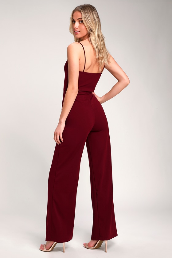 Burgundy Jumpsuit Wide Leg Jumpsuit Stretch Knit Jumpsuit