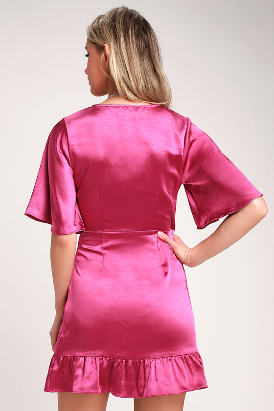 Flirty Magenta Dress - Satin Mini Dress - Satin Wrap Dress