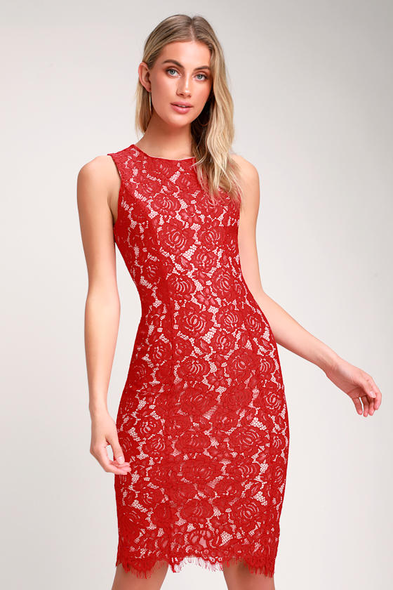 Chic Red Dress - Lace Dress - Midi Dress - Sleeveless Dress - Lulus