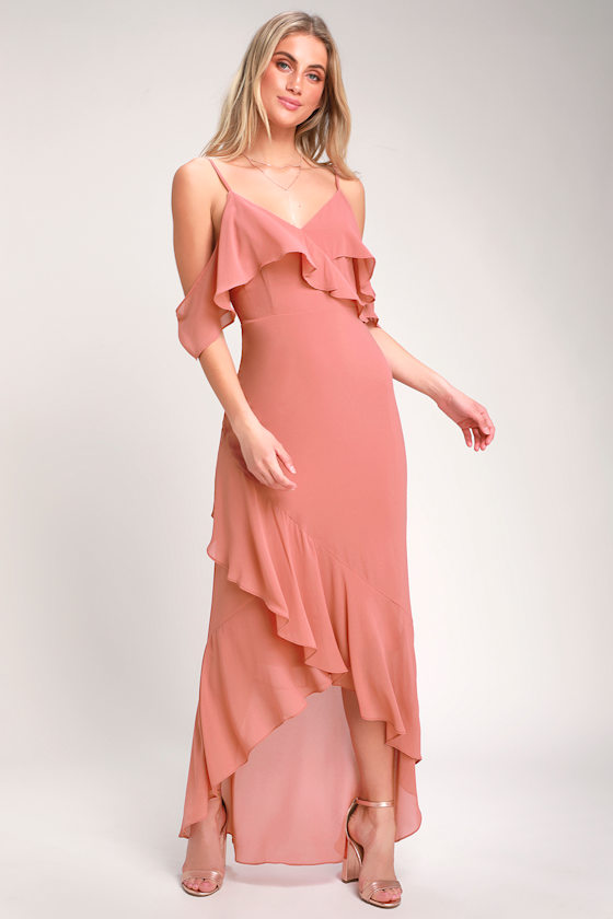 Lovely Rusty Rose Dress - Off-the-Shoulder Dress - Maxi Dress - Lulus