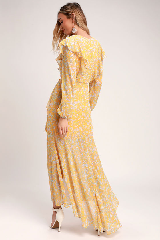 Lovely Yellow Floral Print Dress - Maxi Dress - Ruffled Dress - Lulus