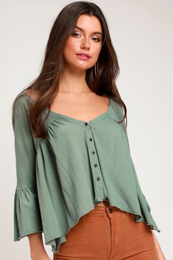 Free People Sweet Little Tee - Green Top - Flounce Sleeve Top - Lulus
