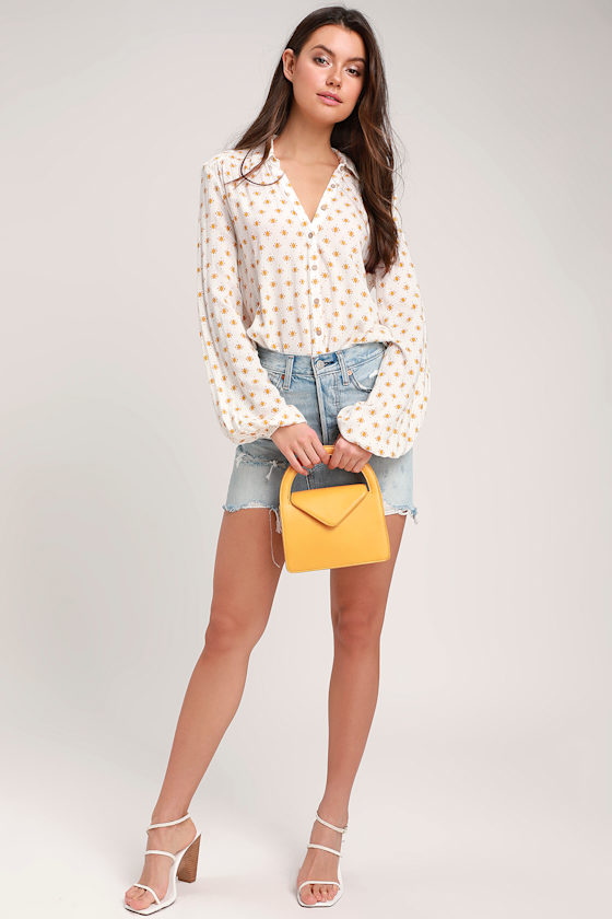 Free People Willow - Yellow Print Bodysuit - Button-Up Bodysuit - Lulus
