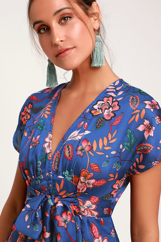 Lost + Wander Blue Moon - Blue Floral Satin Dress - Midi Dress - Lulus