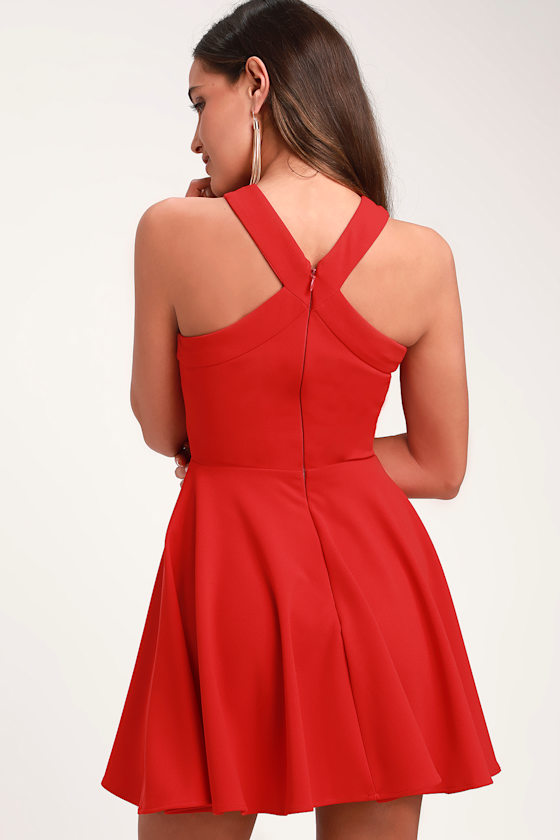 Chic Red Dress - Skater Dress - Halter Dress - Short Dress - Lulus