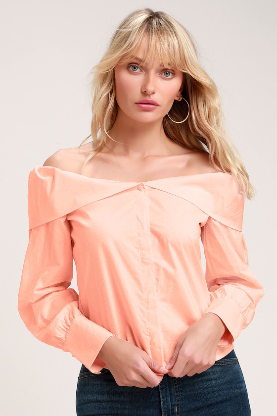 Cute Blush Pink Top Button Up Top Off The Shoulder Top Lulus