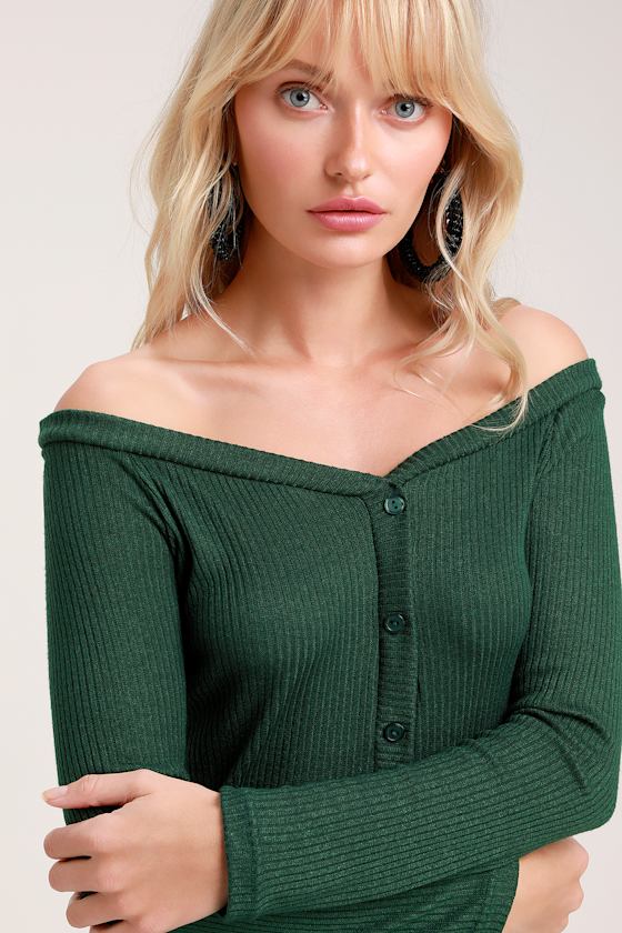 Cute Dark Green Button-Front Top - Green Off-the-Shoulder Top - Lulus