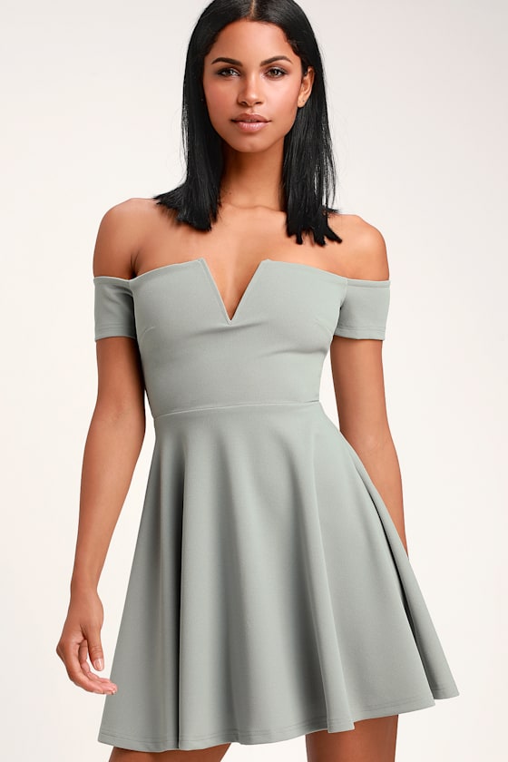 Cool Slate Blue Dress - Off-the-Shoulder Dress - Skater Dress - Lulus